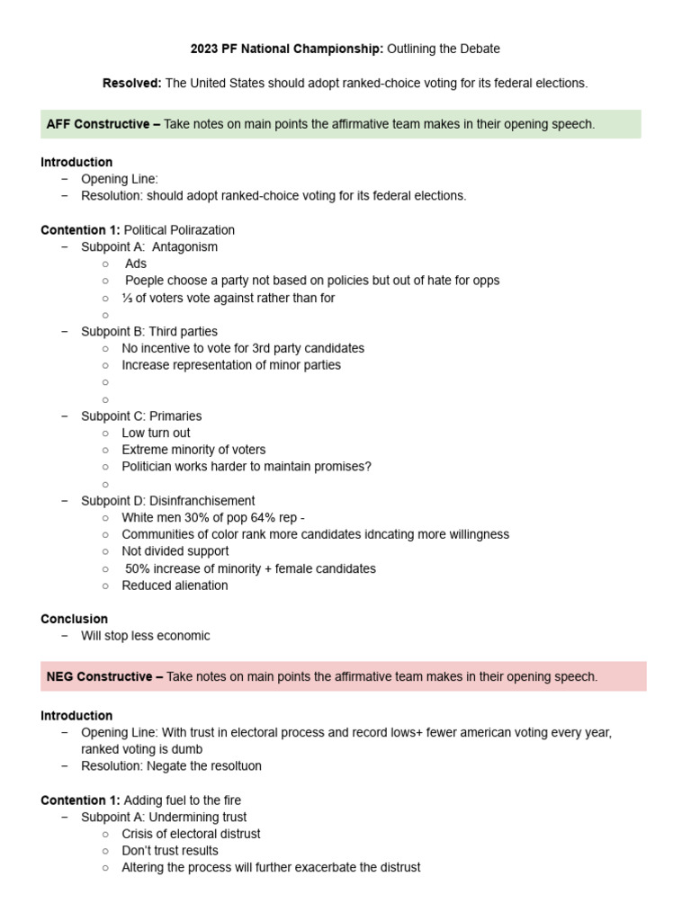2023 PF National Championship - Outlining The Debate | PDF