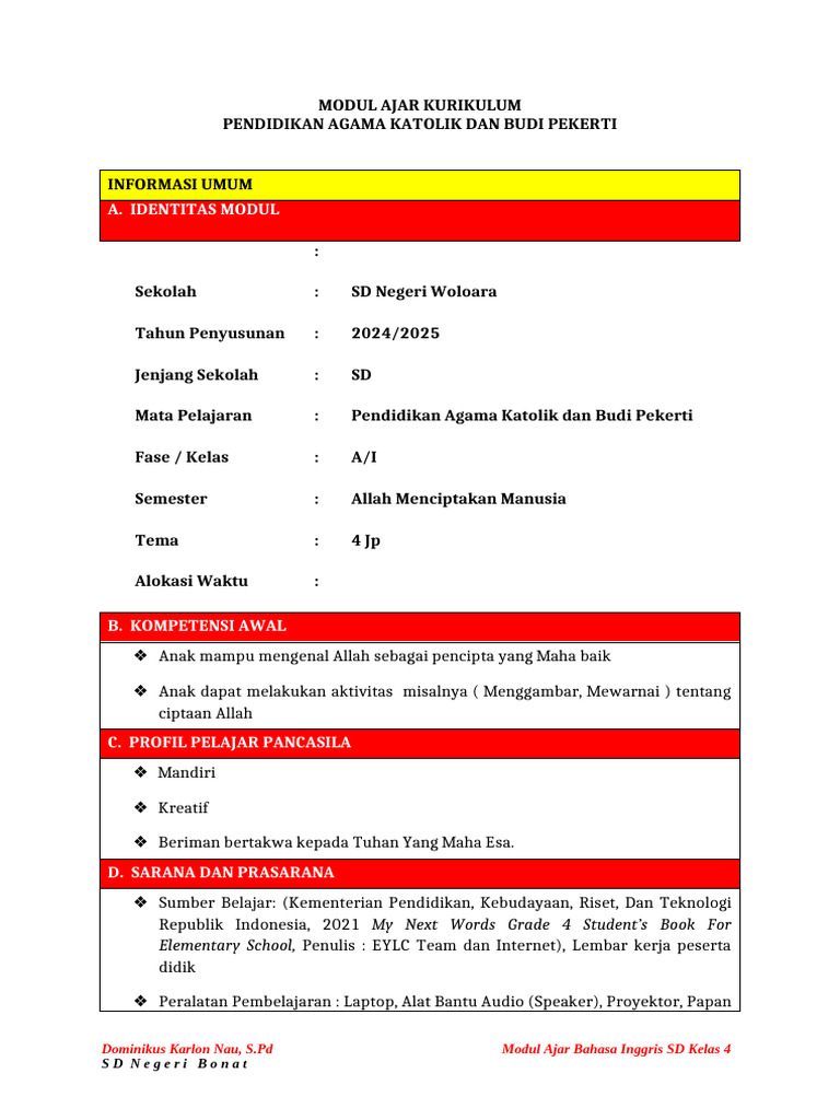 Modul Ajar PAK SD Kls 1 Kumer Semester 2 | PDF