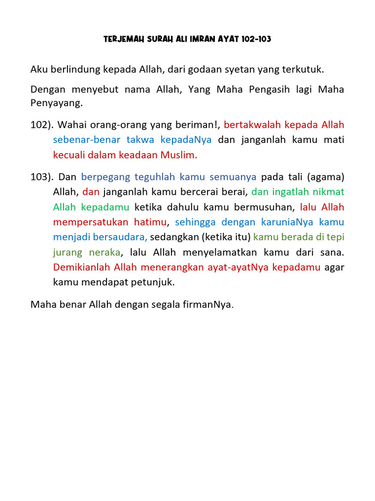 Terjemah Surah Ali Imran Ayat 102-103 | PDF