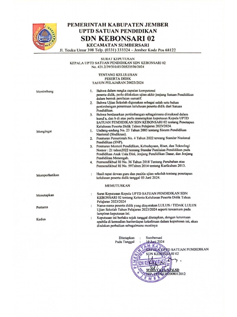 SK Kelulusan, SKL Dan Ijazah SDN Kebonsari 02 | PDF