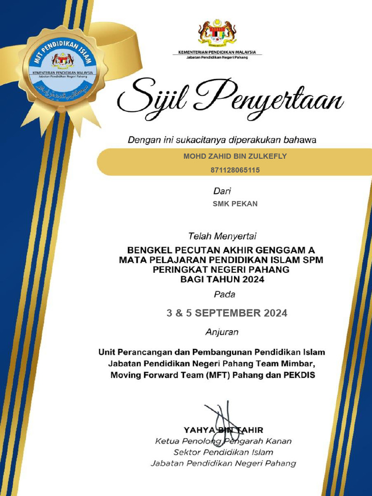 3 & 5 SEPTEMBER 2024: Mohd Zahid Bin Zulkefly 871128065115 | PDF