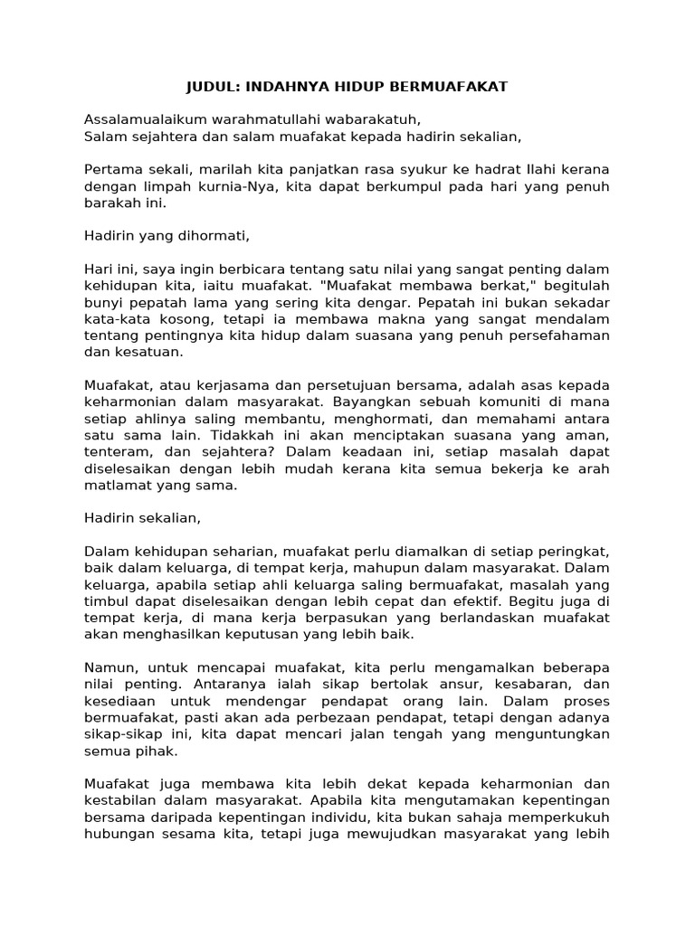 Pidato Tahun 5-Indahnya Hidup Bermuafakat | PDF