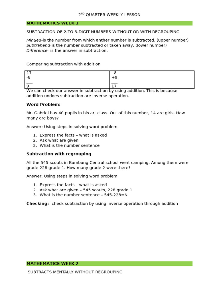 Q2 Math Week 1 | PDF | Subtraction | Mathematics