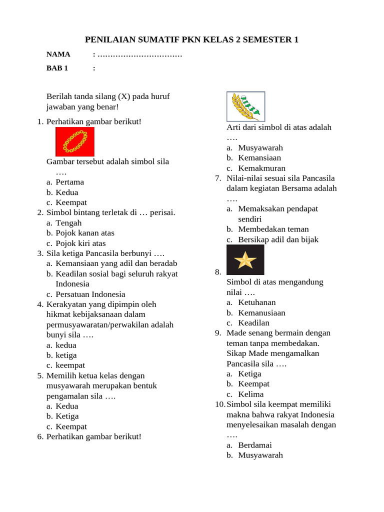 Penilaian Sumatif PKN Kelas 2 Semester 1 | PDF