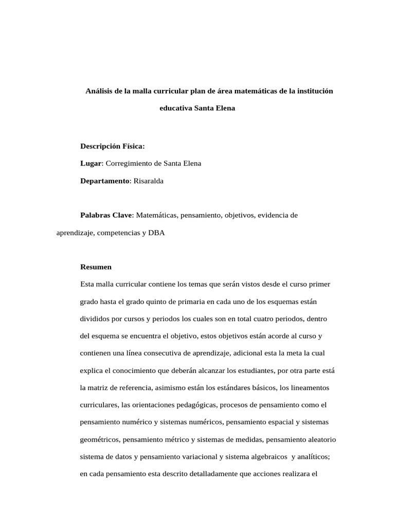 Análisis de La Malla Curricular Plan de Área Matemáticas de La Institución Educativa Santa Elena ...