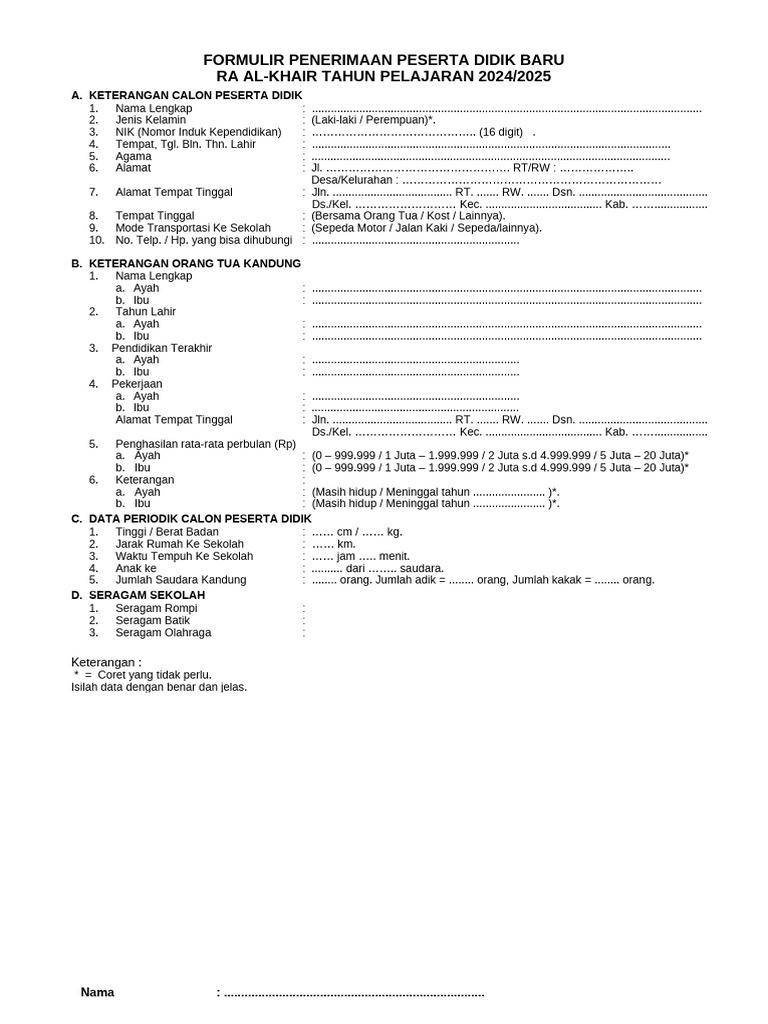 Formulir Pendaftaran TK Al Khair | PDF