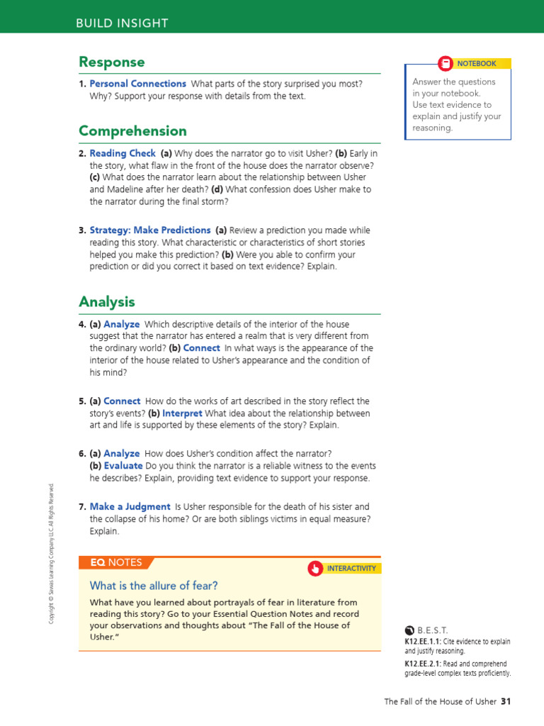 Comprehension Questions Pg. 31 and Pg. 32 The Fall of The House of ...