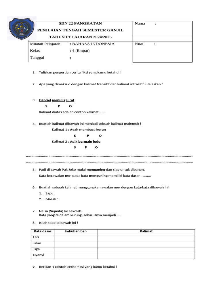 Uts Ganjil K4 Bindo | PDF