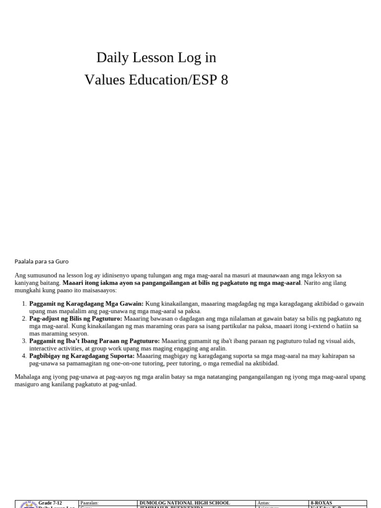 DLL VALUES ED ESP 8 Q1 6ee7af6baa | PDF