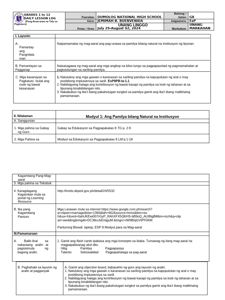 DLL ESP 8 Modyul 1 Day1 4 | PDF
