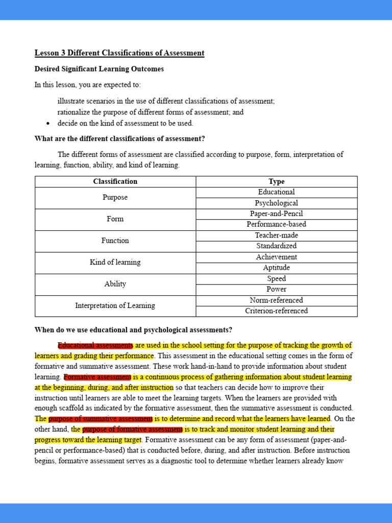 Lesson 3 Different Classifications of Assessment | PDF | Educational ...