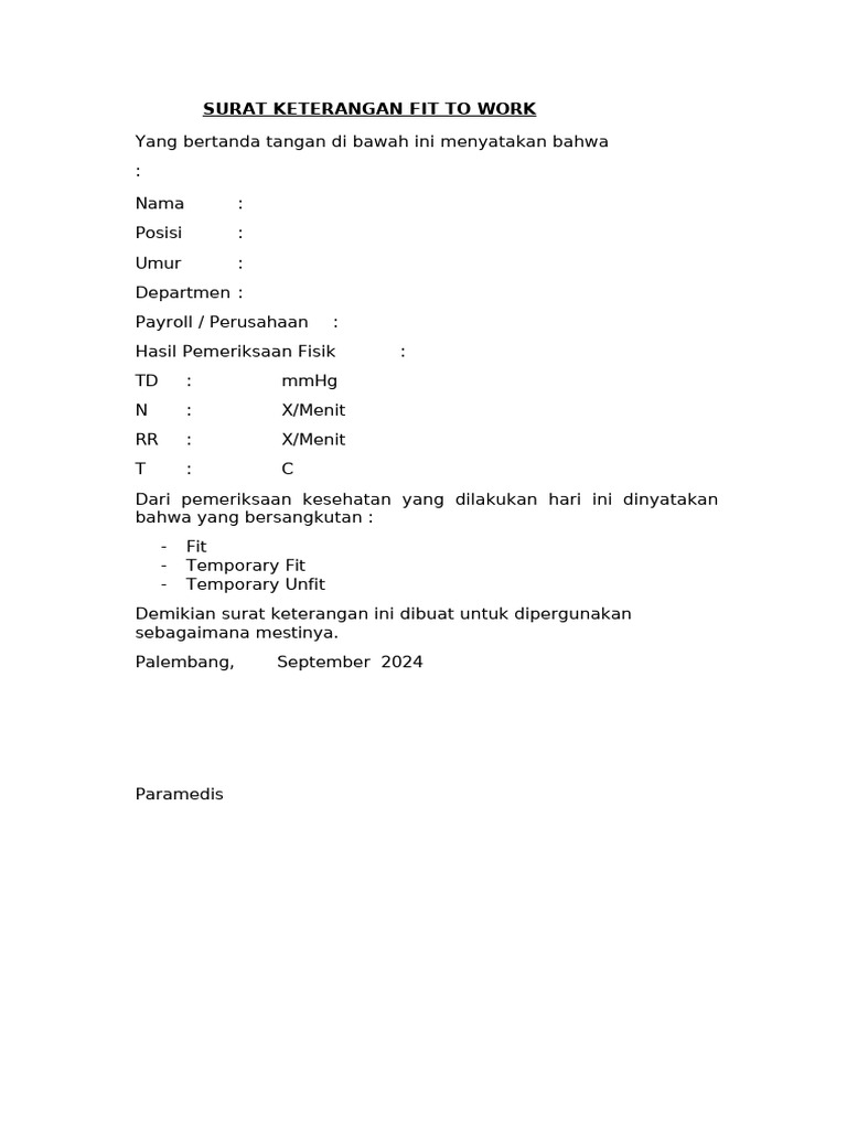 Surat Keterangan Fit Bekerja | PDF