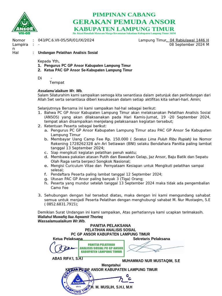 Undangan Pelatihan Ansos PC GP Ansor Lam-Tim | PDF