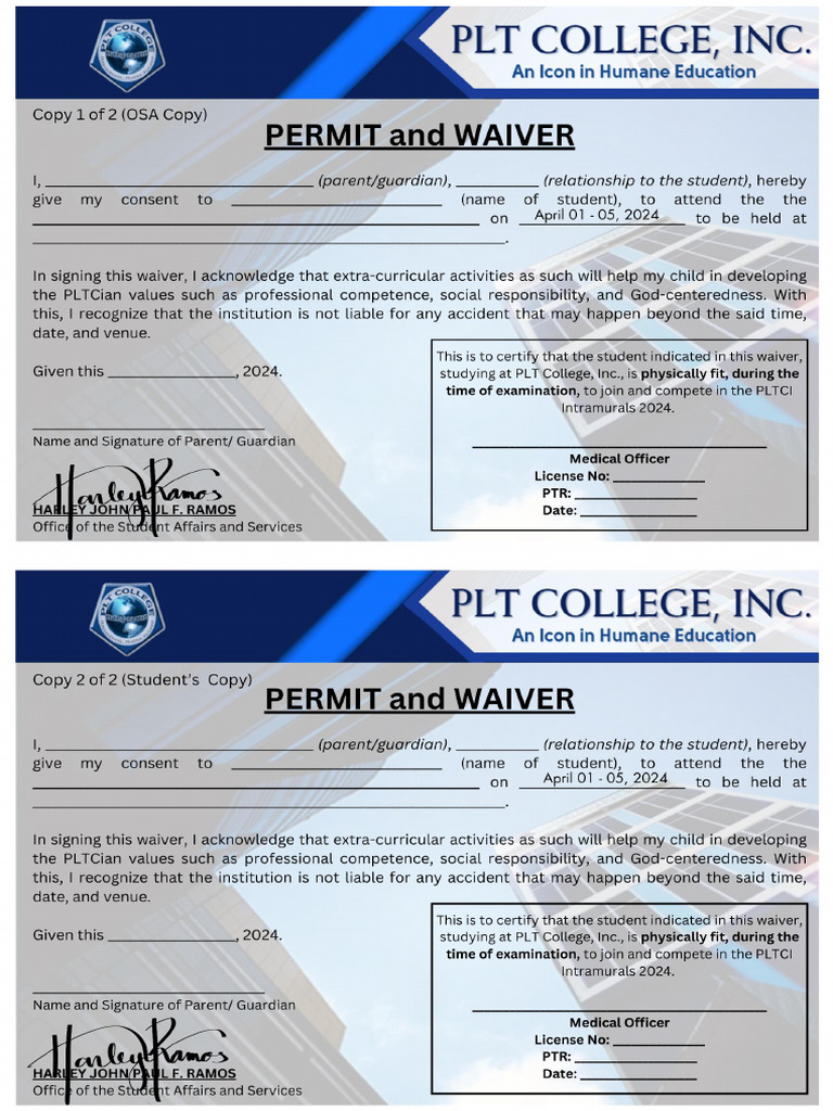 Waiver and Permit Intrams 2024 | PDF