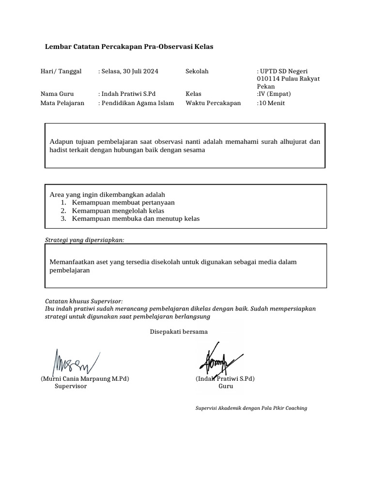 1 - Lembar Catatan Percakapan Pra-Observasi Kelas - Murni Cania Marpaung M.O | PDF