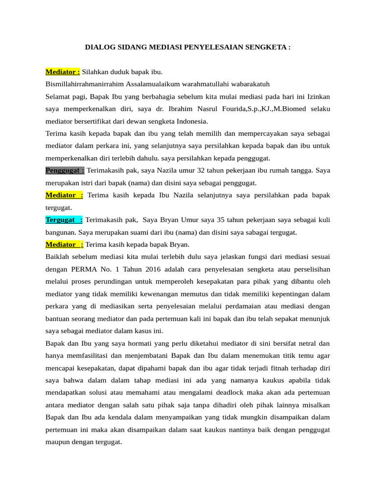 Dialog Sidang Mediasi Penyelesaian Sengketa Ii | PDF