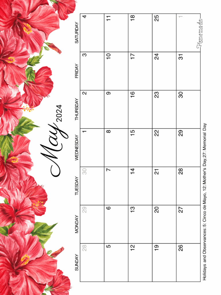 May Calendar 2024 Printable Hibiscus | PDF