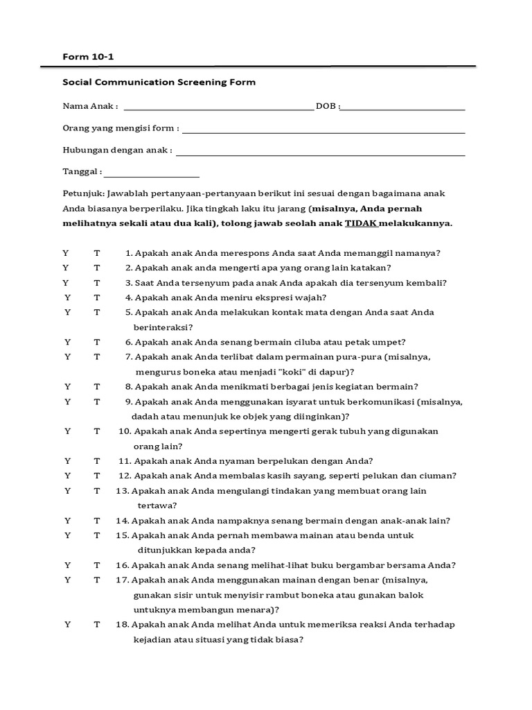 Form 10-1, Social Communication Screening Form (Shipley & McAfee, 2021) | PDF