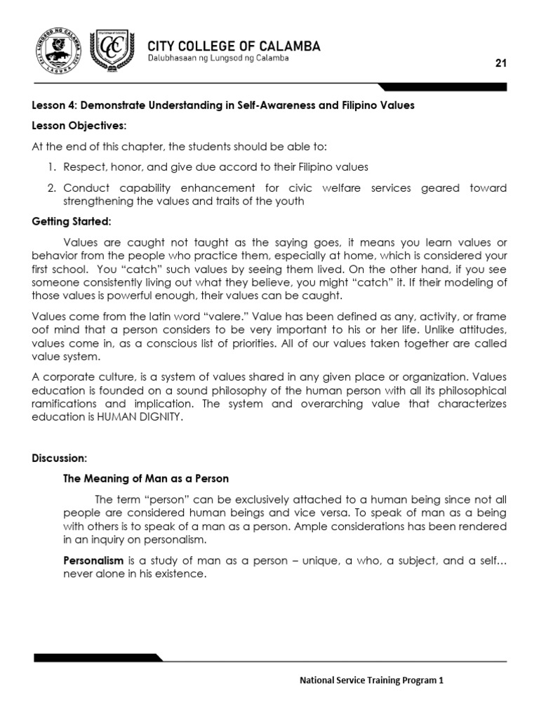 Module - Self-Awareness and Filipino Values | PDF