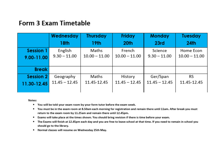 Form 3 Exam Timetable 2024 | PDF