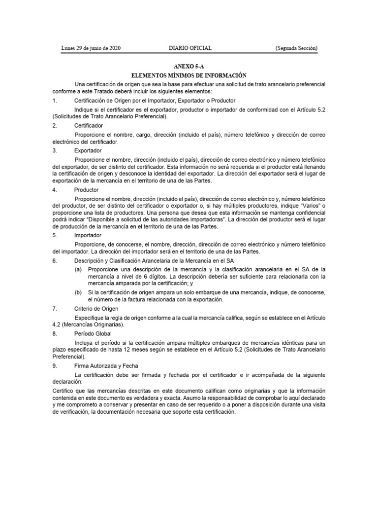 Anexo 5-A: Certificación de Origen TMEC | PDF | Finance & Money Management