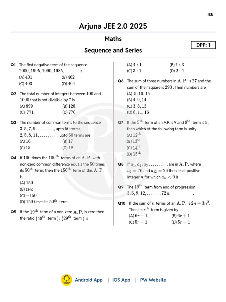 Sequence and Series DPP 01 (Of Lec 03) | PDF | Mathematics | Teaching ... Sequence and Series DPP 01 (Of Lec 03) | PDF | Mathematics | Teaching ...