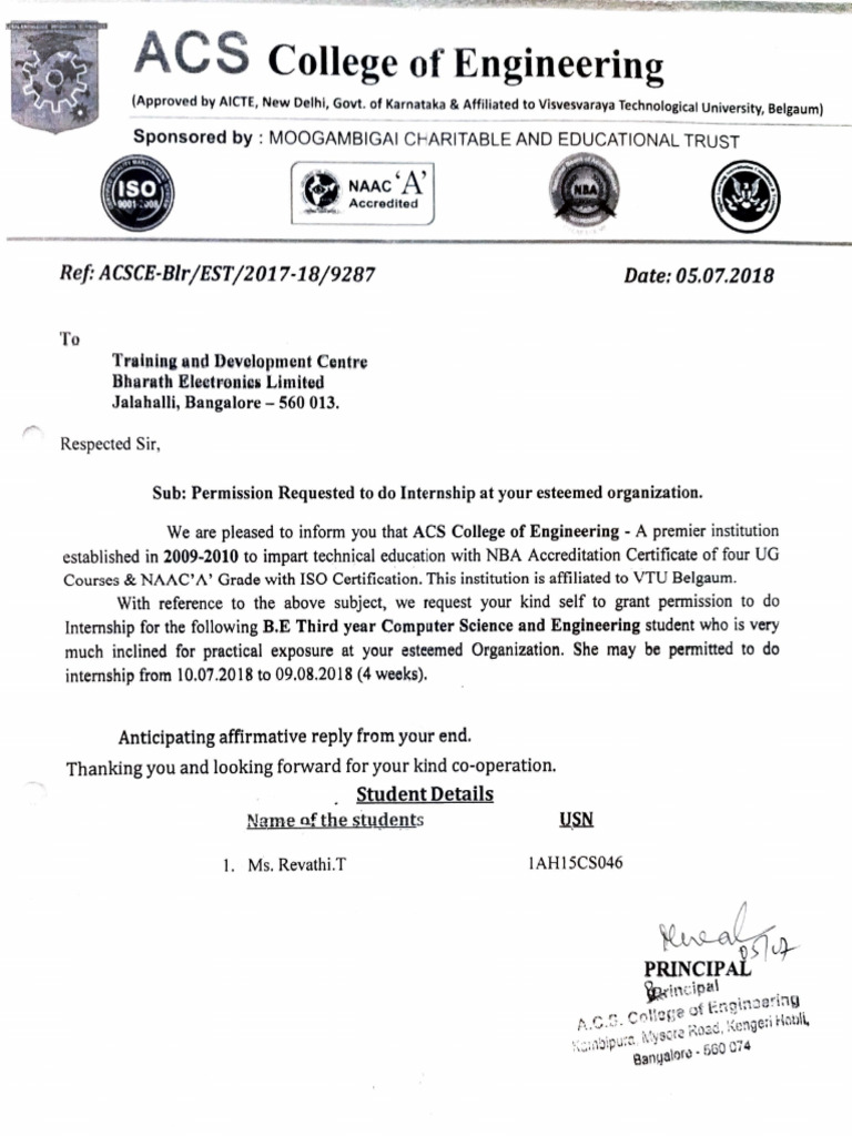 Cse Internship Permission Letter 2019 20 | PDF