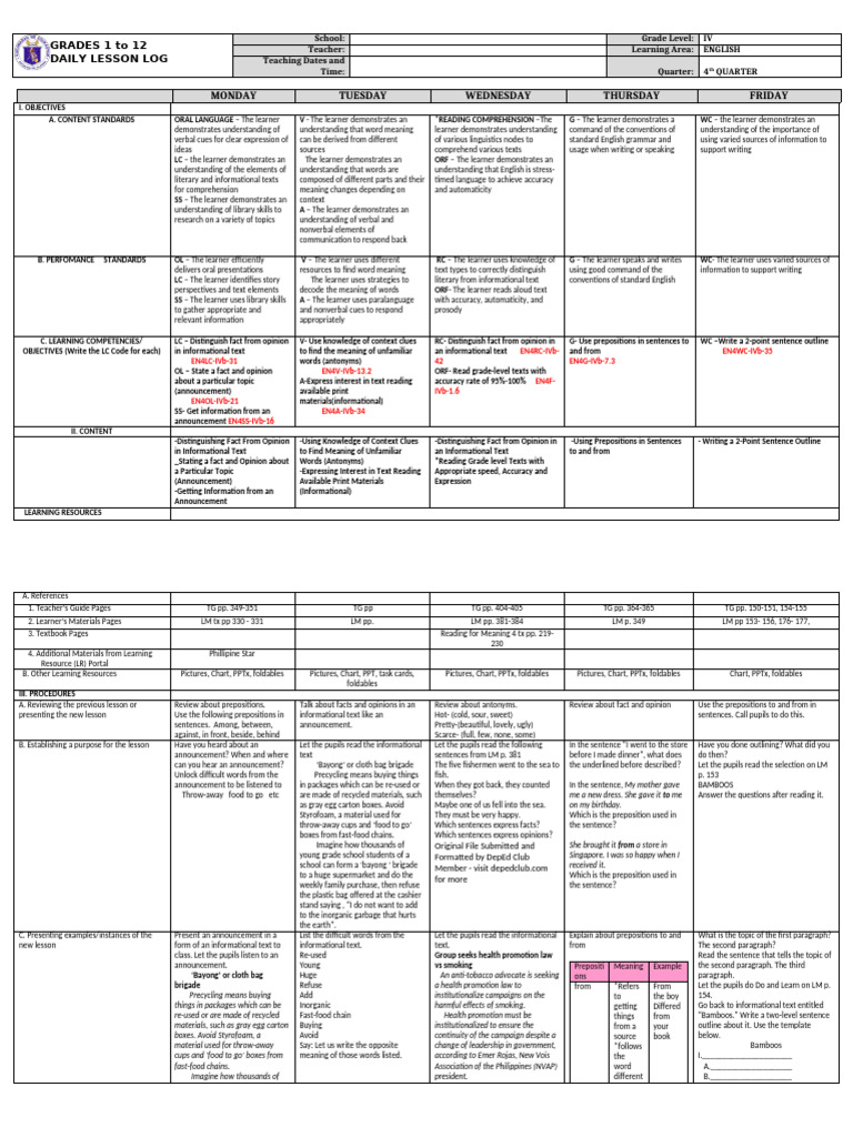 DLL - English 4 - Q4 - W2 | PDF