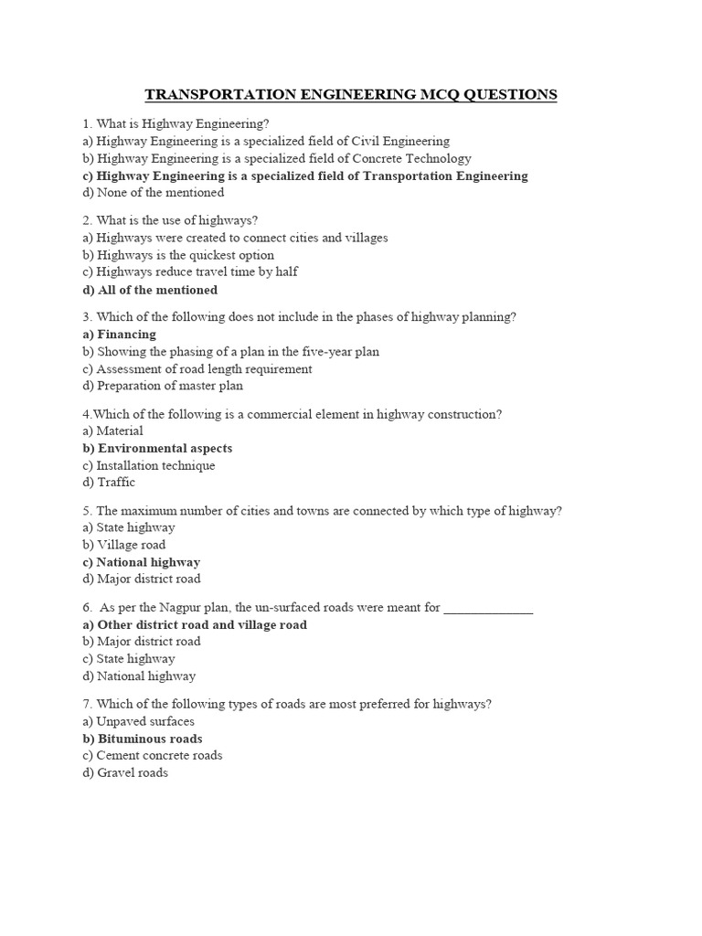 Transportation Engineering MCQs Guide | PDF | Road Surface | Traffic
