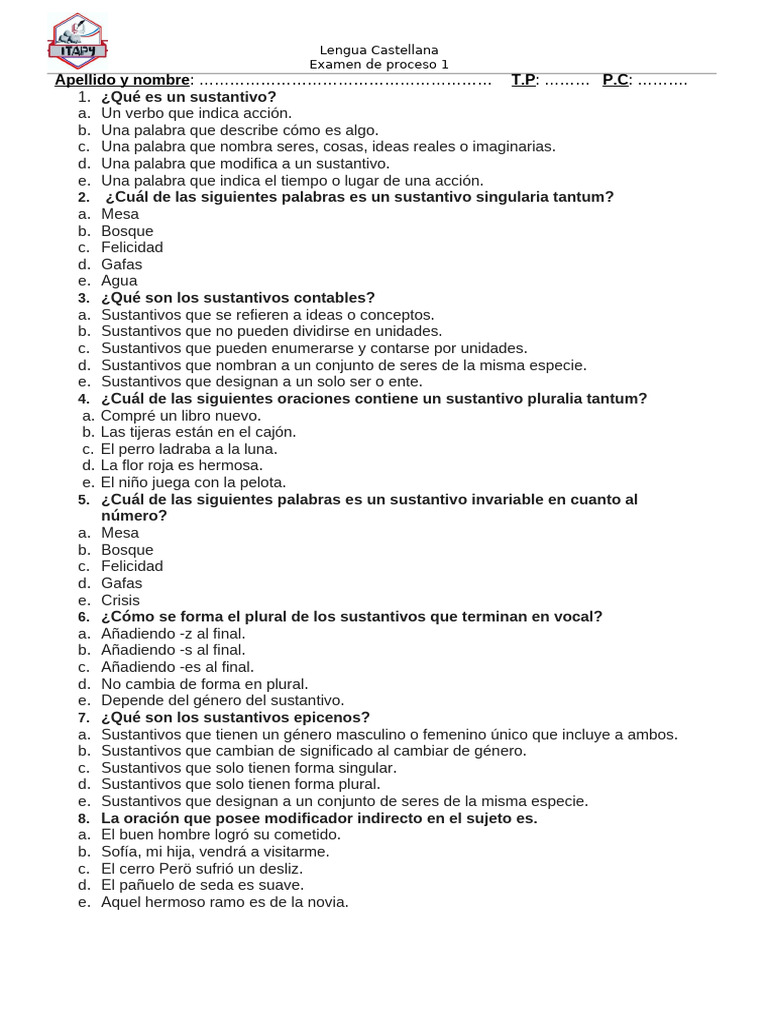 Examen sobre Sustantivos en Español | PDF | Sustantivo | Unidades ...