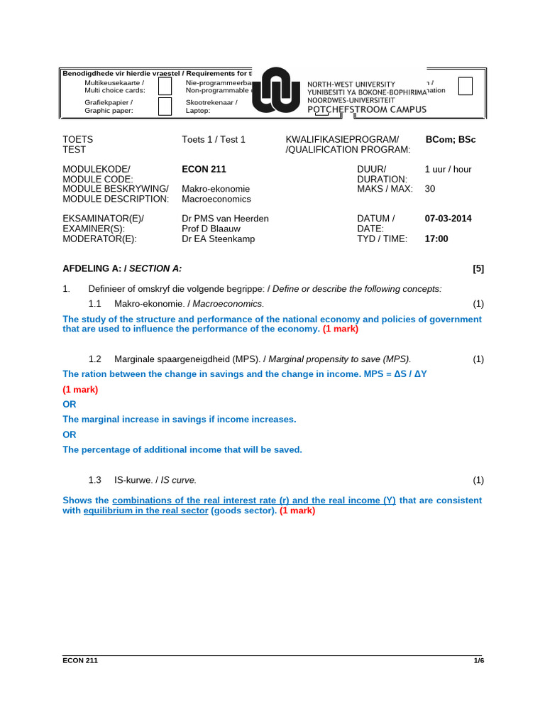 Toets 1 2014 Memo | PDF