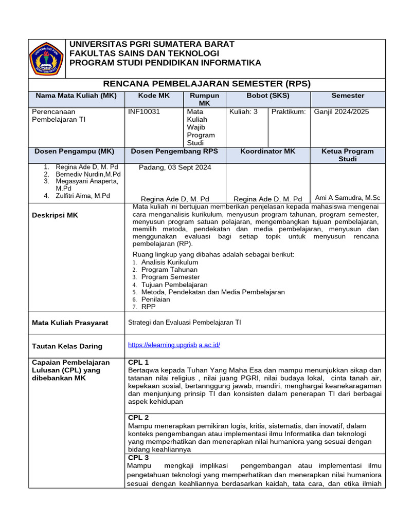 RPS Perencanaan Pengajaran TI | PDF