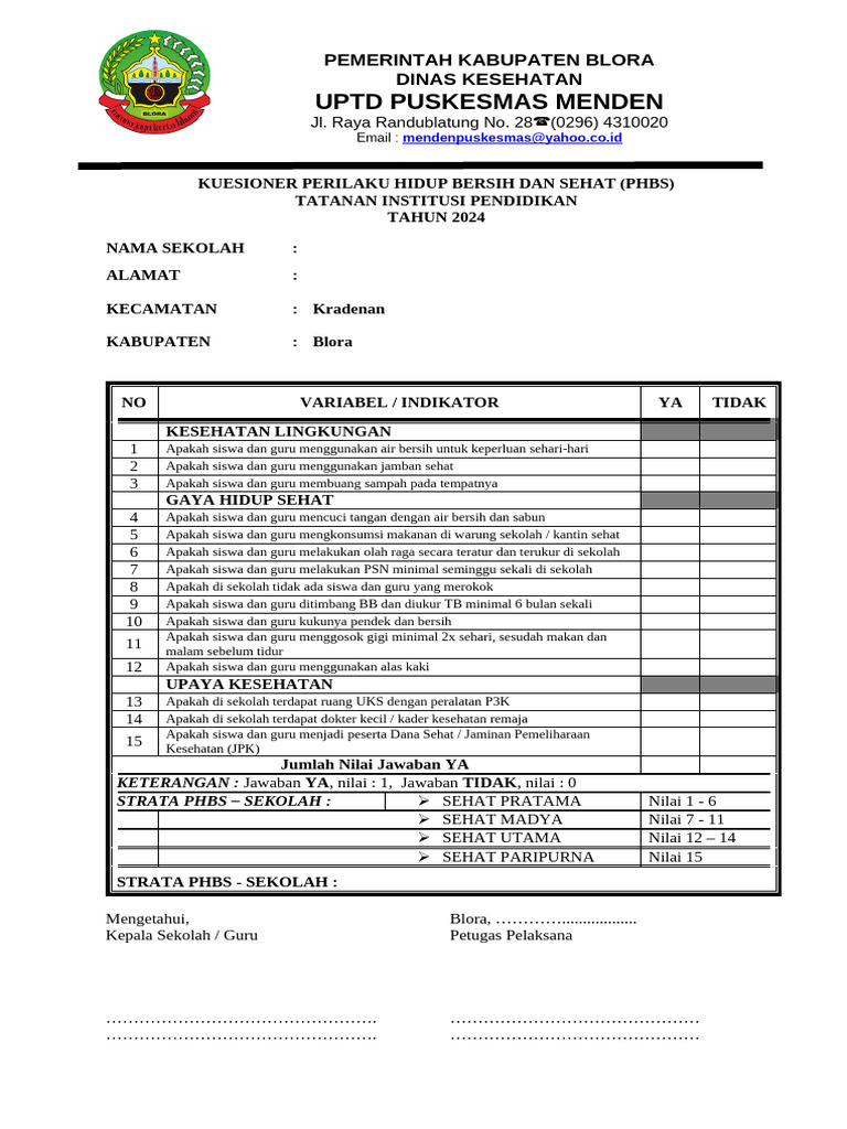 Form PHBS Sekolah 2024 | PDF