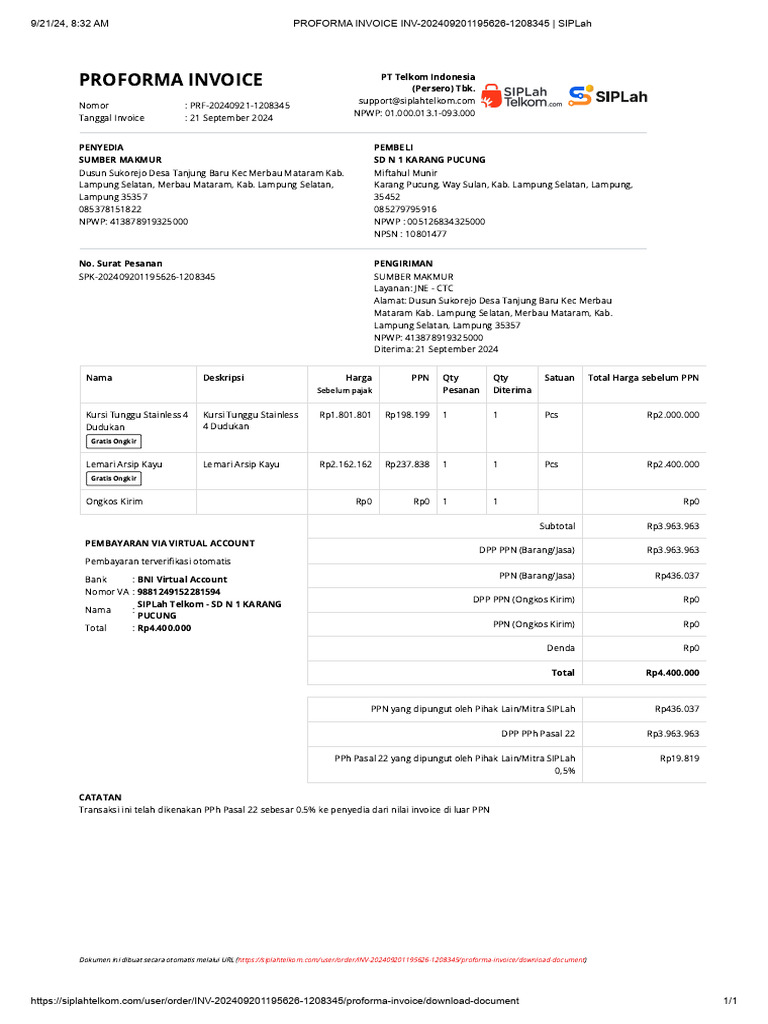PROFORMA INVOICE INV-202409201195626-1208345 - SIPLah | PDF