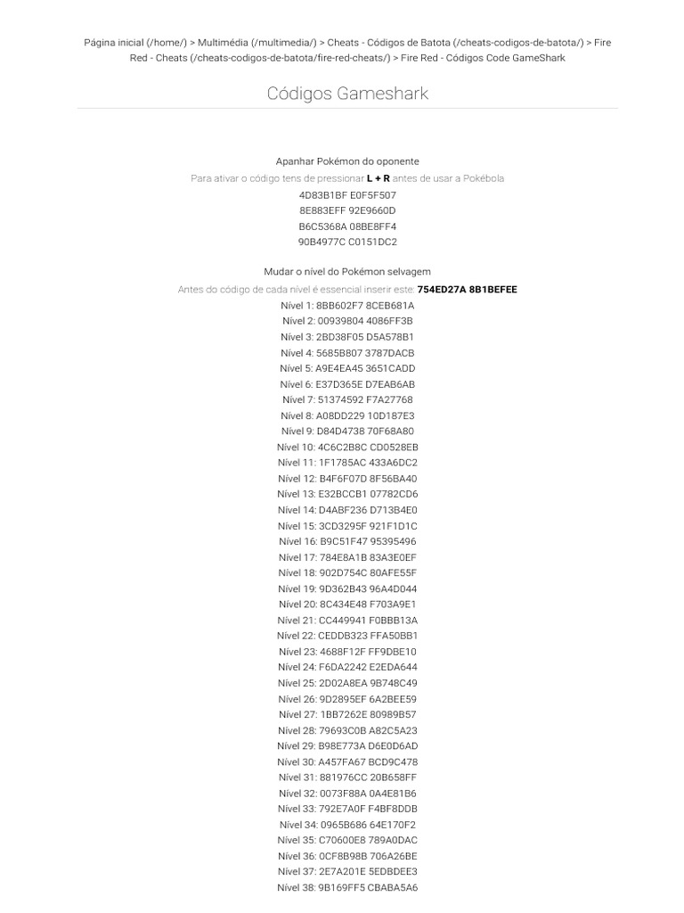 Fire Red - Códigos Code GameShark - Poké Navegador | PDF