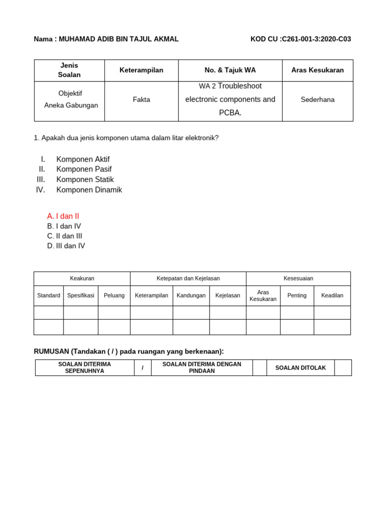 Contoh Topi Kasut Soalan Objektif | PDF