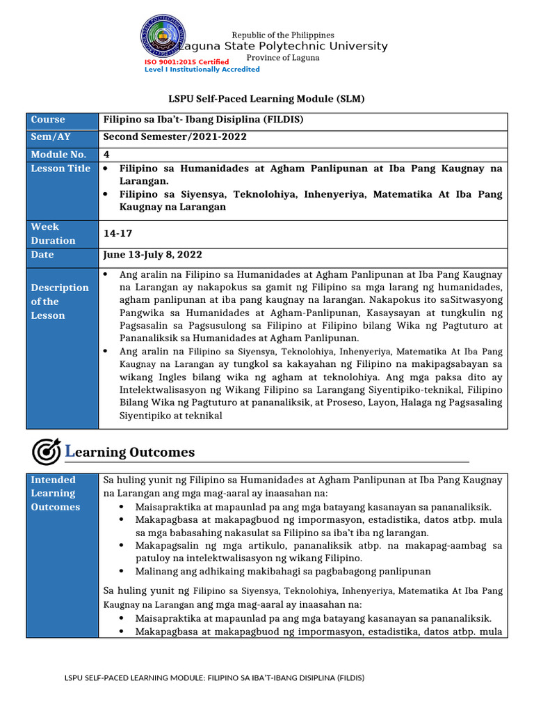YABUT - SLM 4 - FILDIS - 2nd Sem | PDF | Tagalog Language | Foreign Language Studies