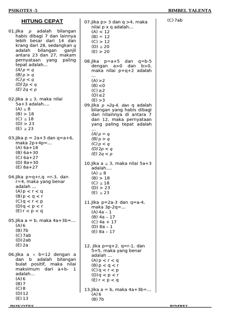 Soal Psikotes Hitung Cepat | PDF | Metode & Bahan Ajar