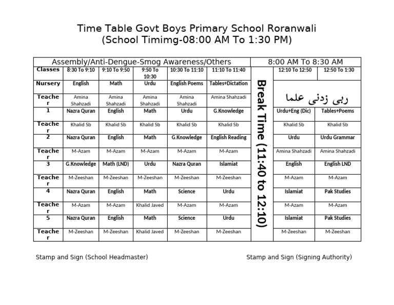 School Time Table Roranwali | PDF
