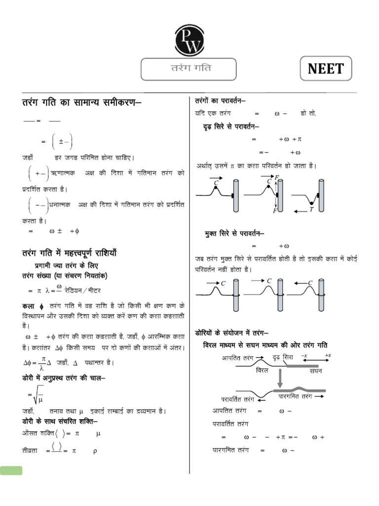 009 तरंग गति Short Notes Yakeen Neet Hindi 2025 । | PDF
