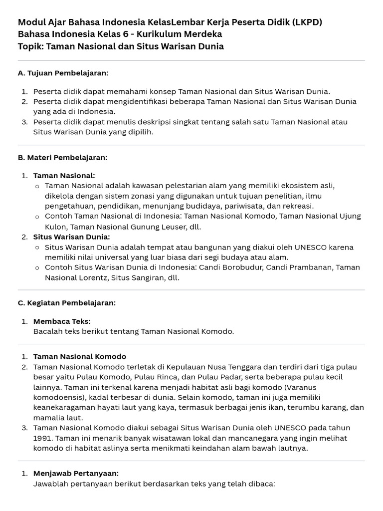 Modul Ajar Bahasa Indonesia Kelas 6 Kurikulum Merdeka Taman Nasional