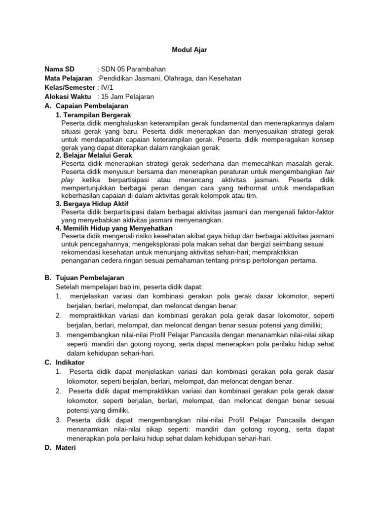 Modul Ajar Penjas KLS 4 Versi Baru Bab 1 | PDF