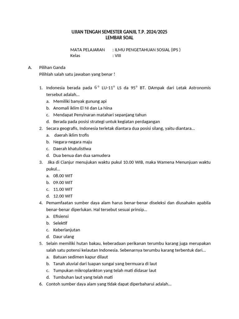 Soal Uts Ips Kelas 8 | PDF