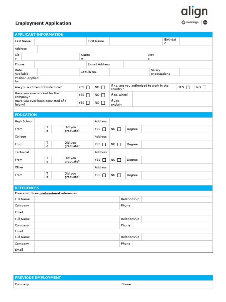 Align Technologies Application Form 1.1 | PDF