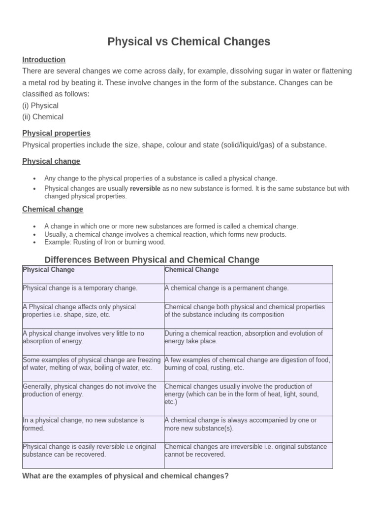Physical Vs Chemical Changes | PDF