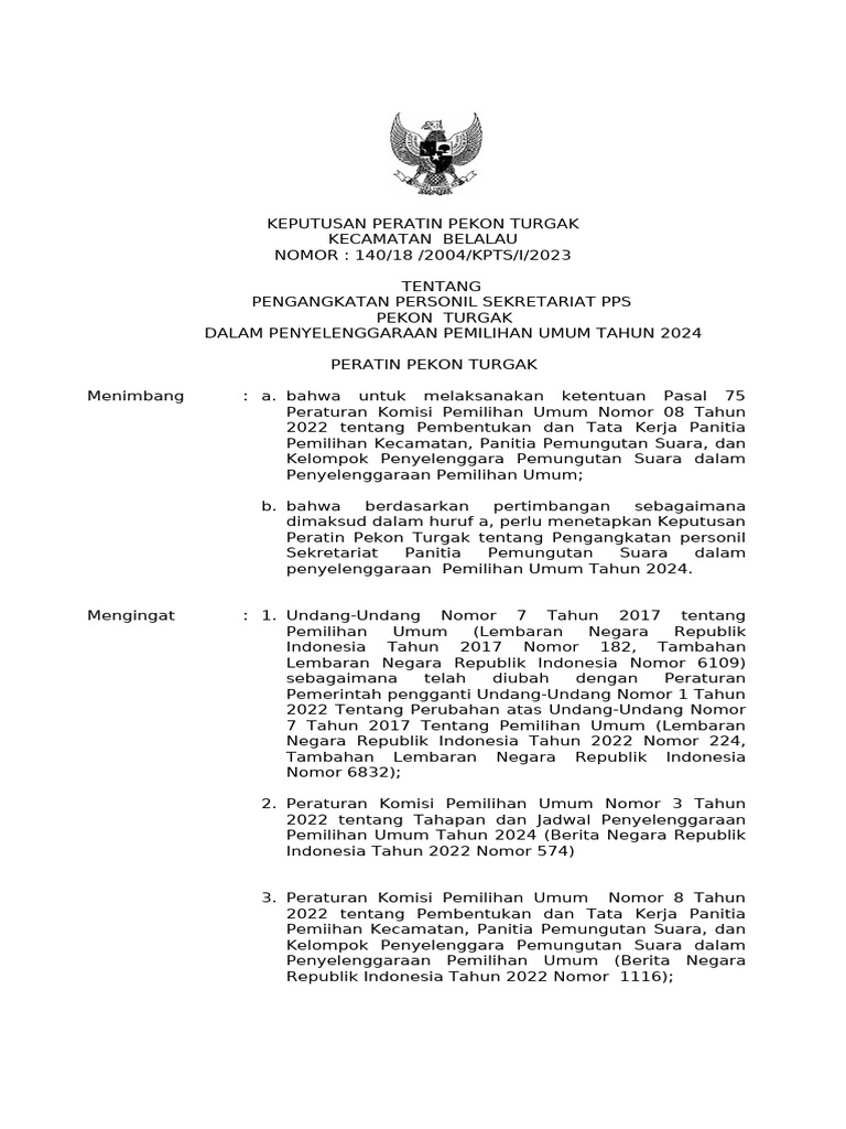 Contoh SK Sekretariat PPS Pileg 2019-1 | PDF