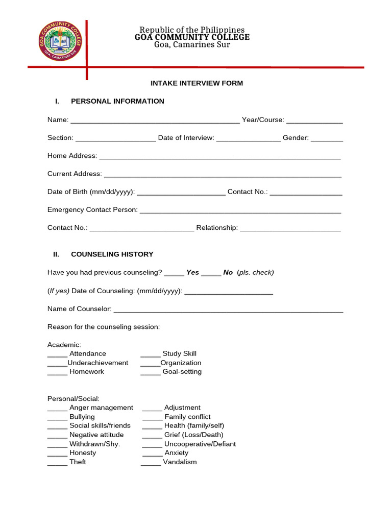 Intake Interview Form | PDF