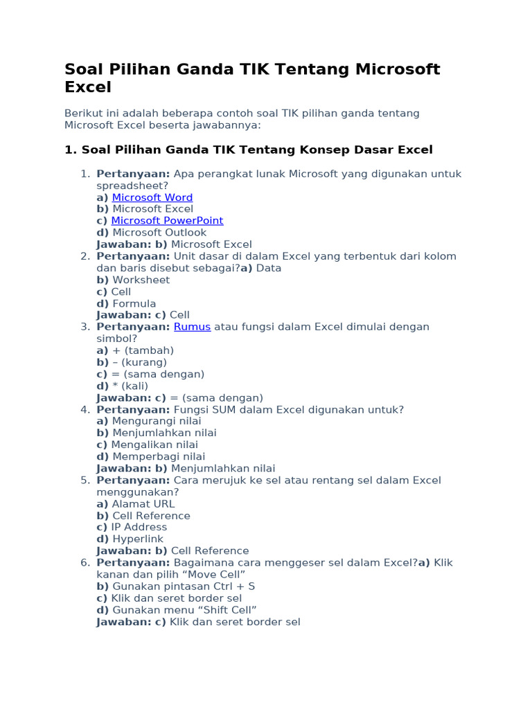 Soal Pilihan Ganda TIK Tentang Microsoft Excel | PDF