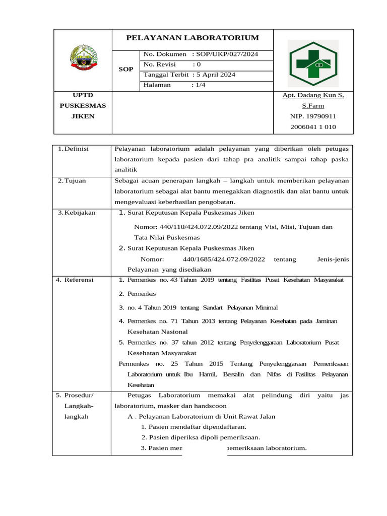 Sop Pelayanan Laboratorium 2024 | PDF