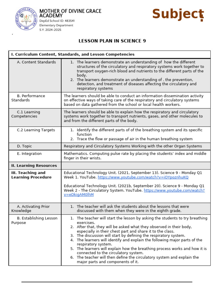 Lesson Plan in Science 9 | PDF